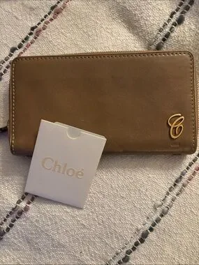 Bags | Chlo Brown Leather Zip Wallet With Gold Logo | Poshmark